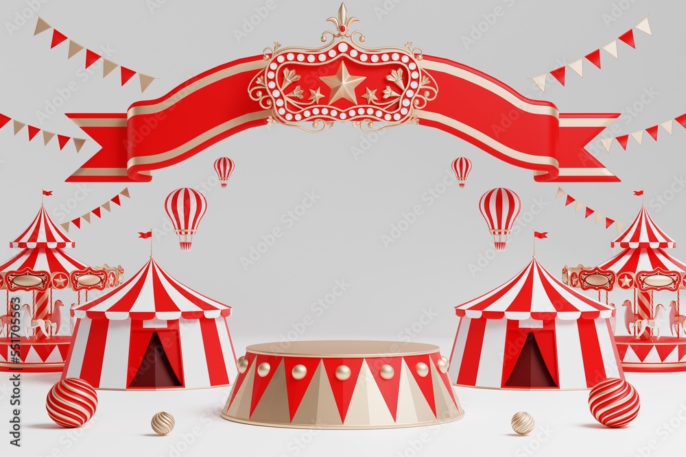 3d amusement park, circus, carnival fair theme podium with many rides ...