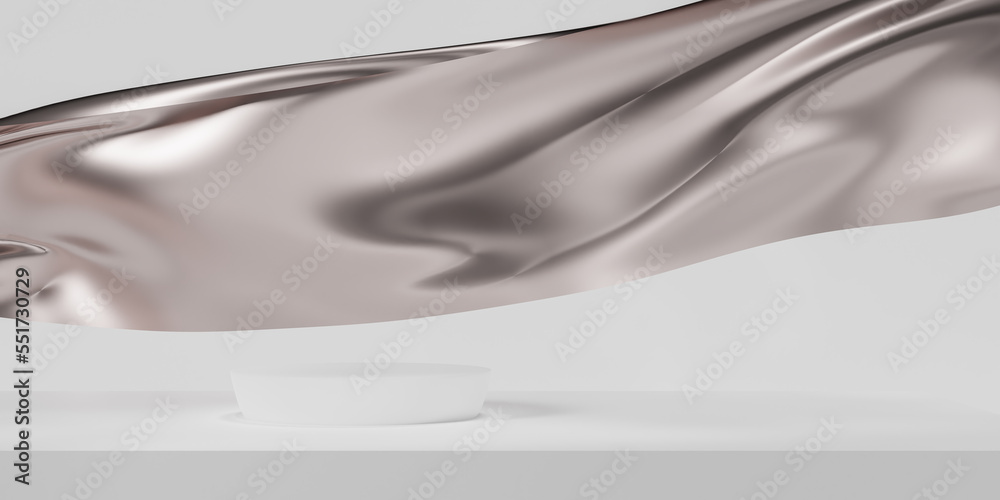 Silver color podium on silver fabric flying wave. Luxury background for ...