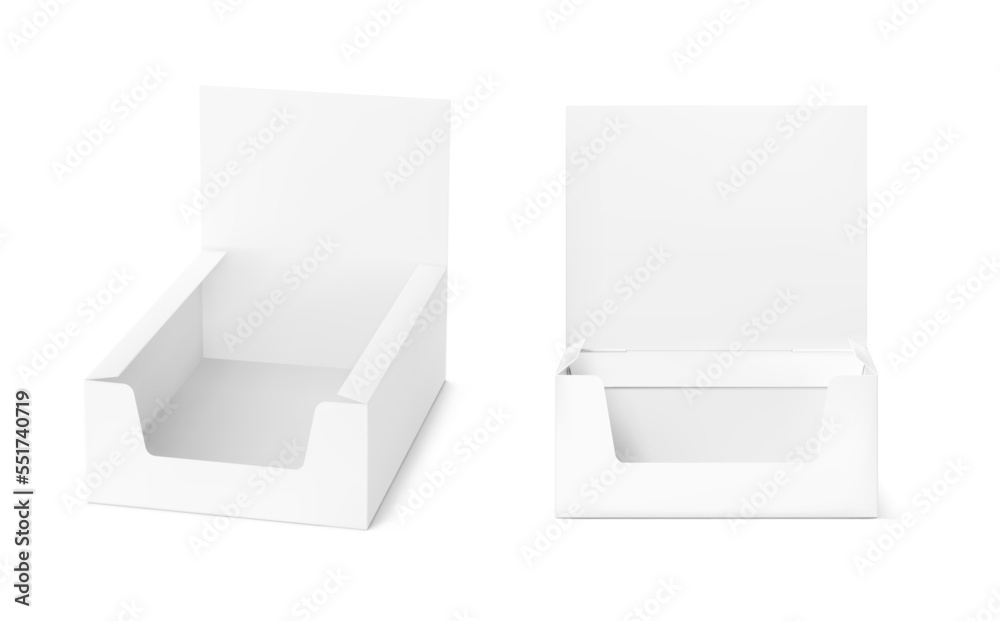 Blank open show boxes mockup. Front and half side view. Vector ...
