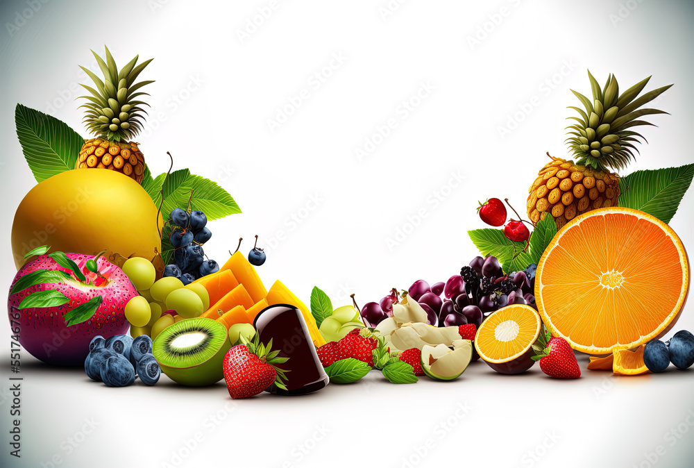 Various fruits are shown on an isolated white backdrop with copy space ...