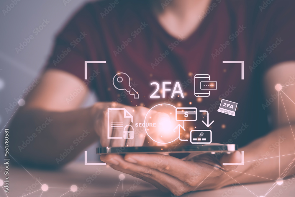 Photo Stock Man touch finger scan with Cybersecurity privacy protect data. 2FA internet network ...