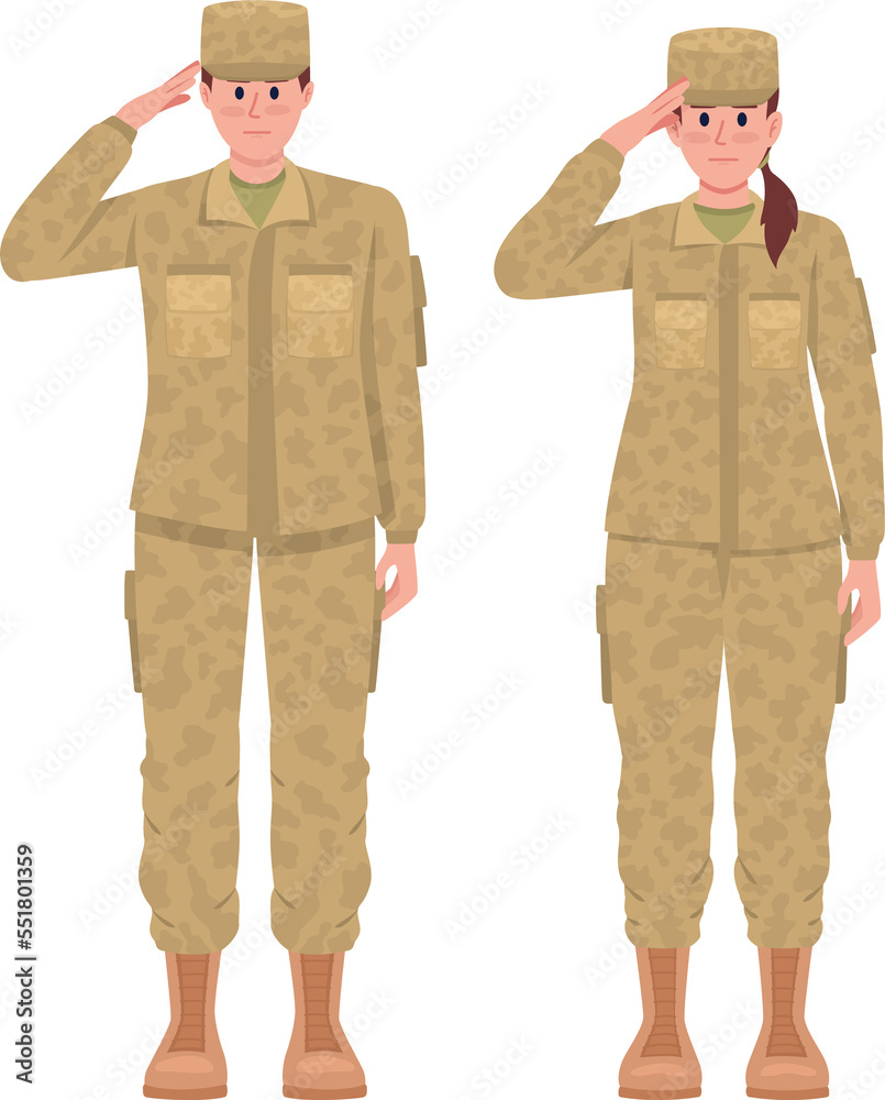Male and female soldiers saluting semi flat color raster characters ...
