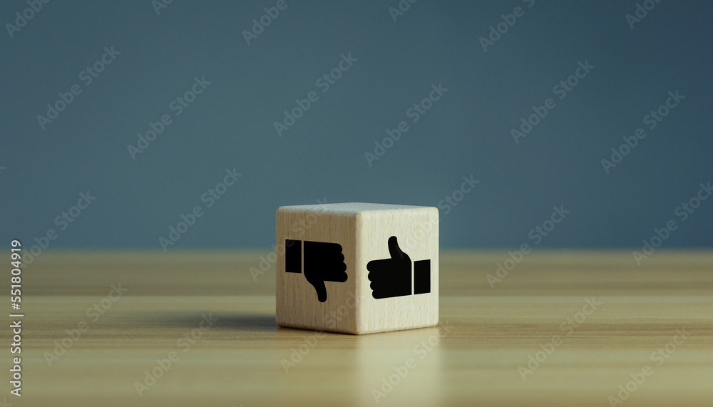 Wooden cube with Thumbs up down hands agree and disagree gesture, Like ...