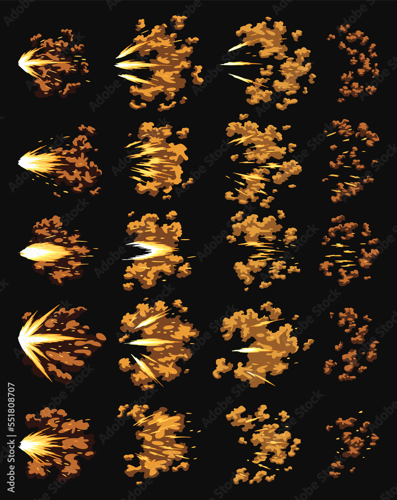 Gun flashes or gunshot animation. Collection of fire explosion effect ...