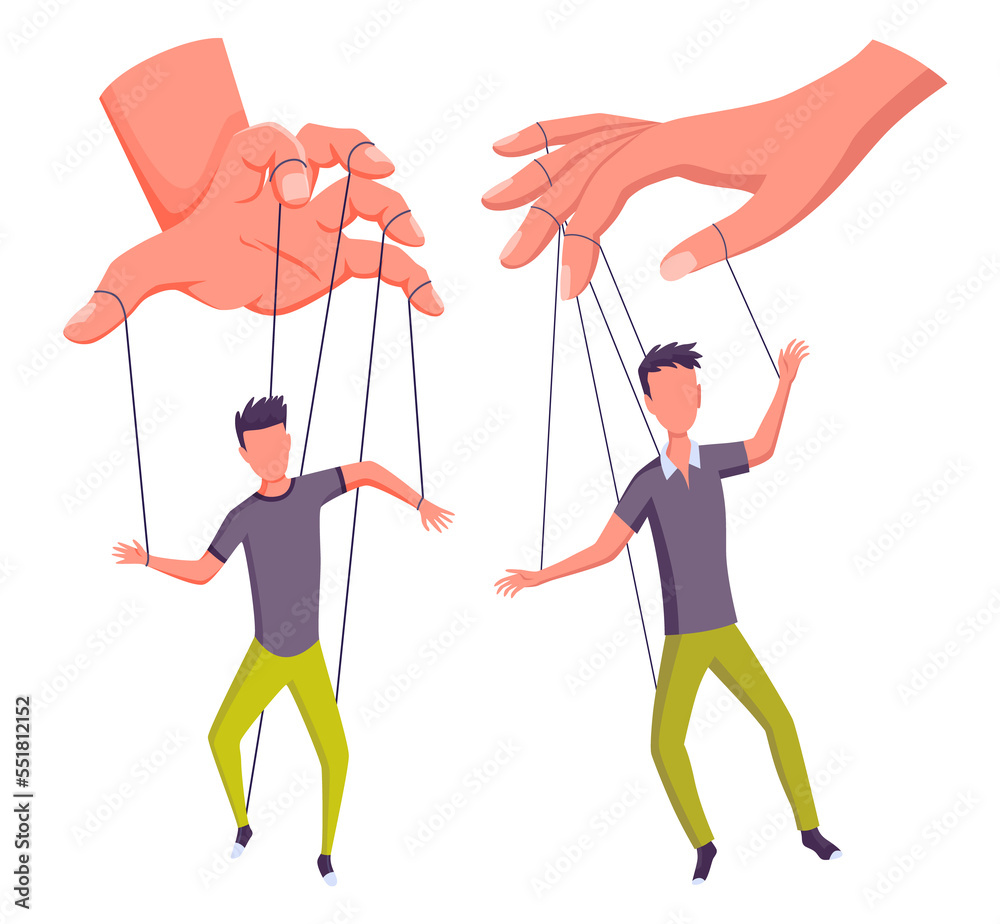 Puppeteer hands controlling puppets, manipulator concept. Worker being ...