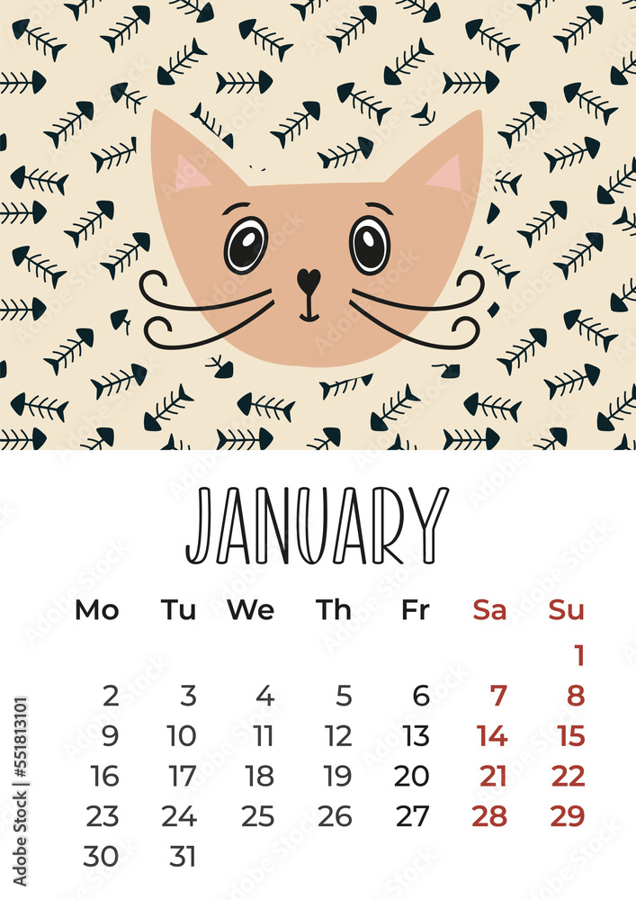Calendar 2023, Symbol of 2023, Cat illustration for calendar, Wall ...