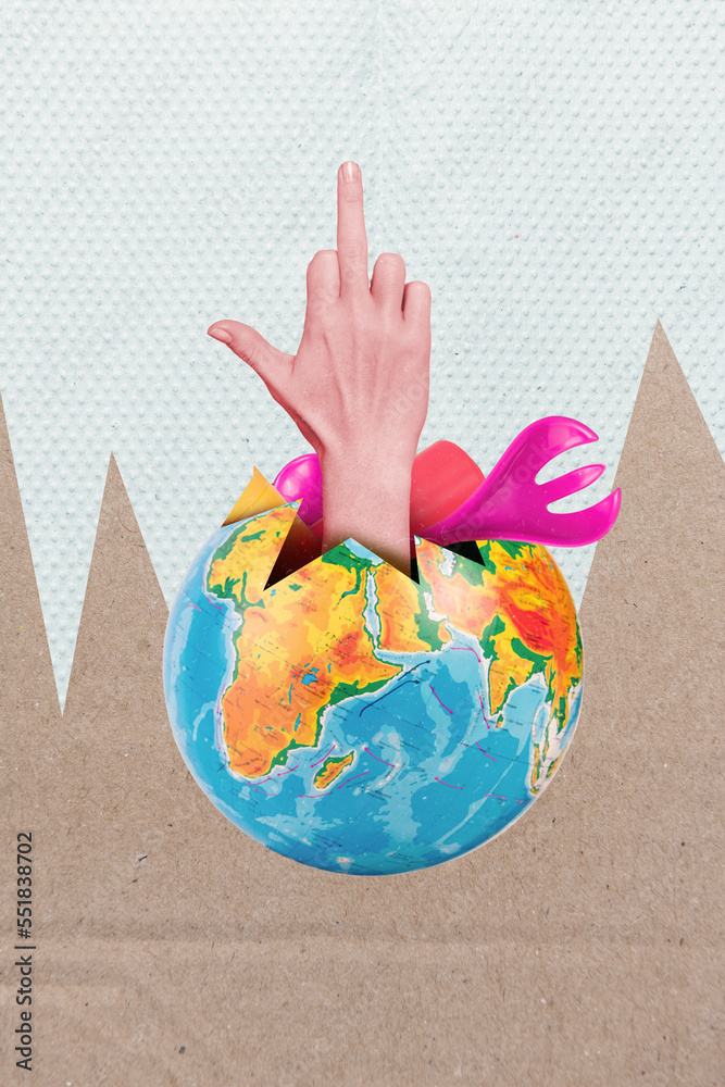 Collage photo of disrespect middle finger up against plastic pollution ...