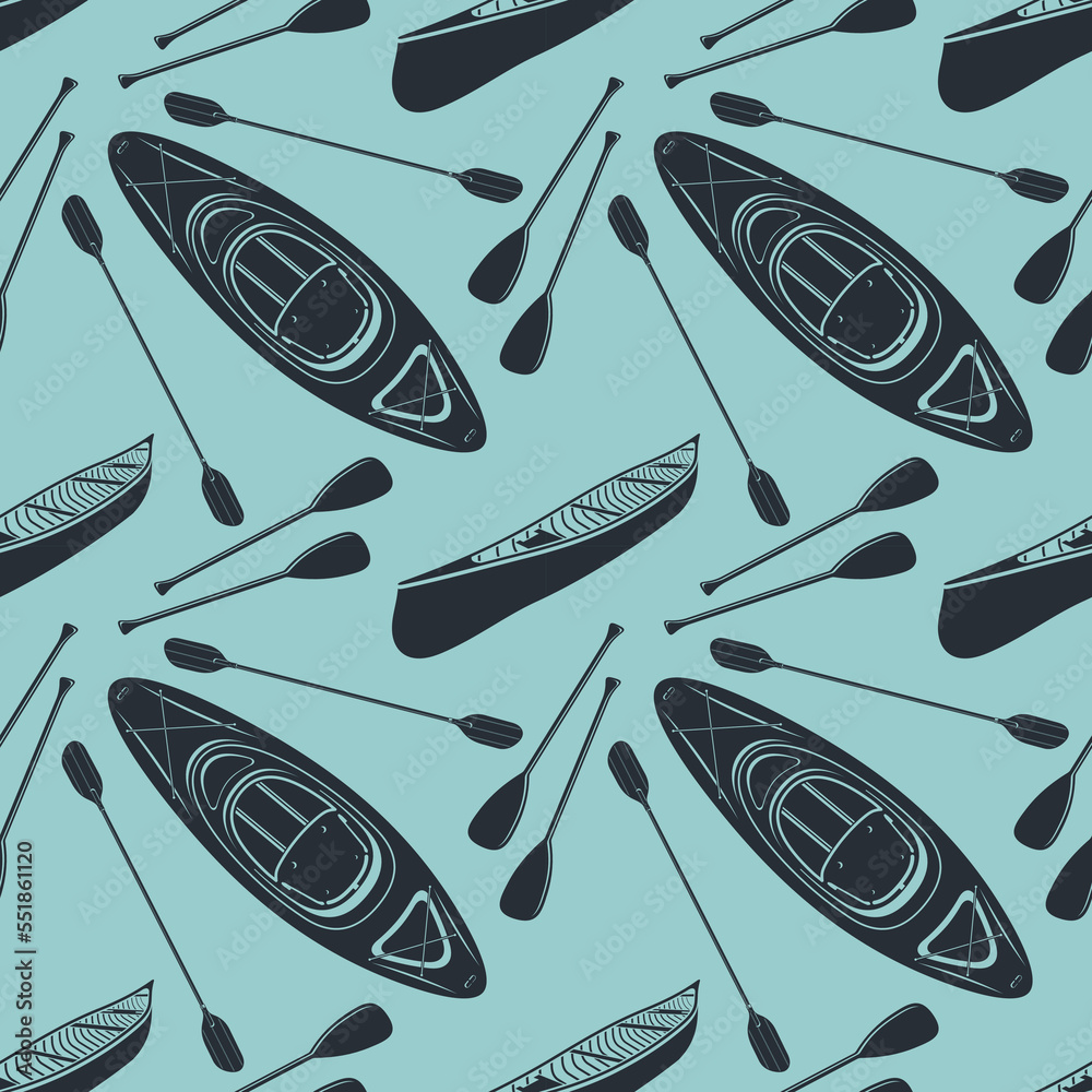 Seamless pattern with Canoe, Kayak and paddles. Vector illustration ...