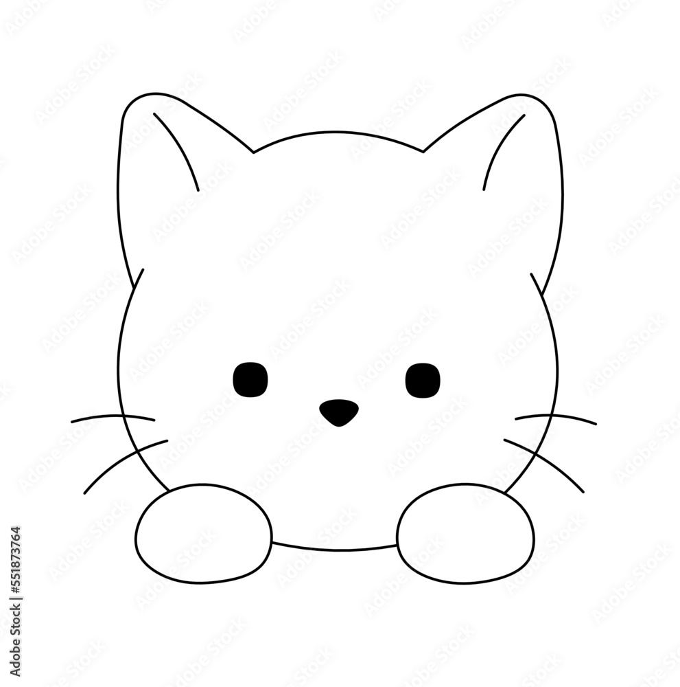Vector isolated cute cartoon cat kitten head with paws colorless black ...