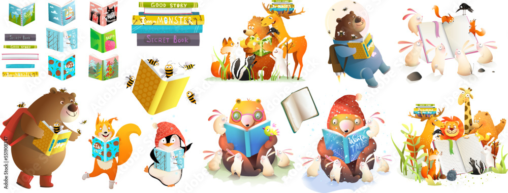 Many animals reading books or study collection. Cute reading or ...