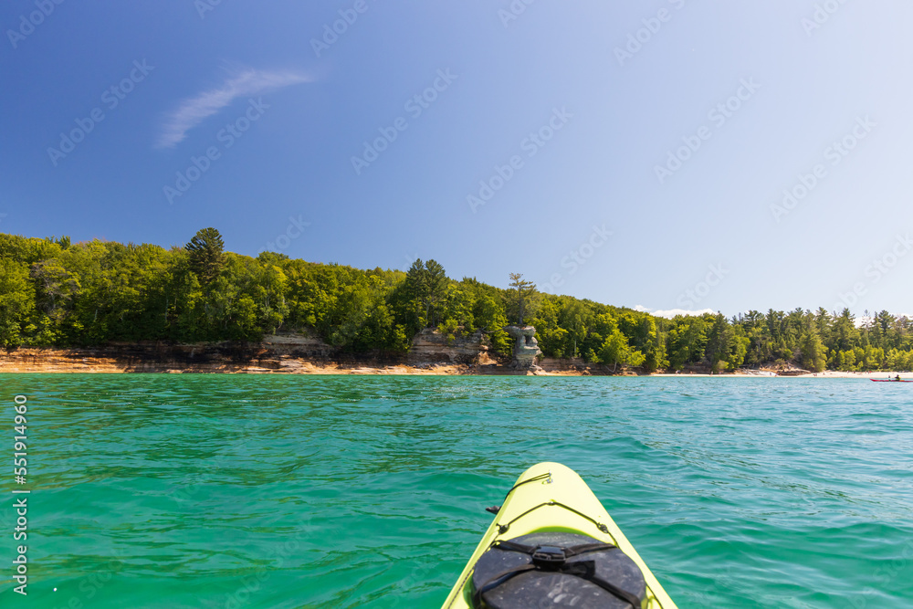 Tip of a kayak on Lake Superior at Chapel Rock at Pictured Rocks ...