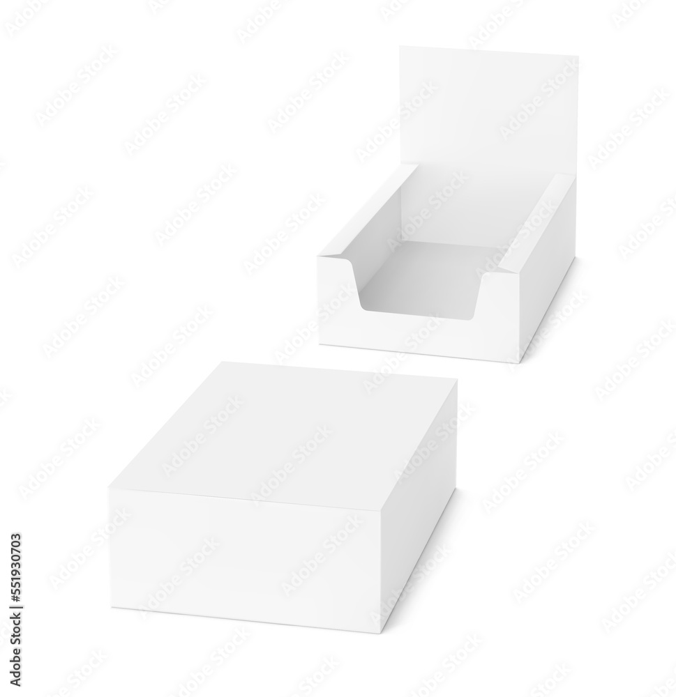 Blank open show boxes mockup. Front and half side view. Vector ...