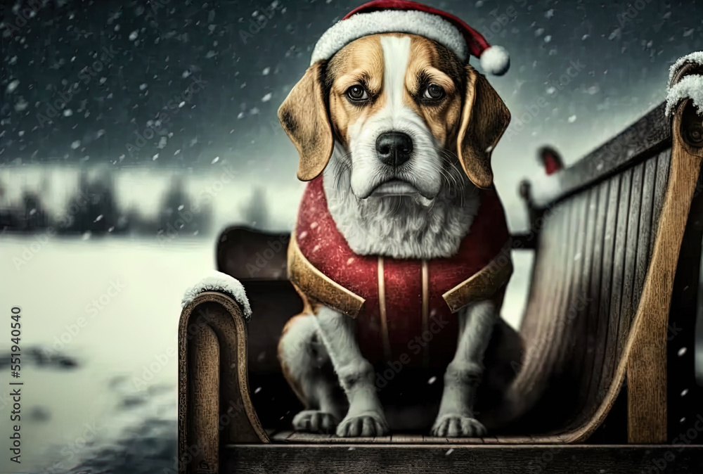 Banner depicting a cheerful dog in a Santa Claus outfit sitting on a ...