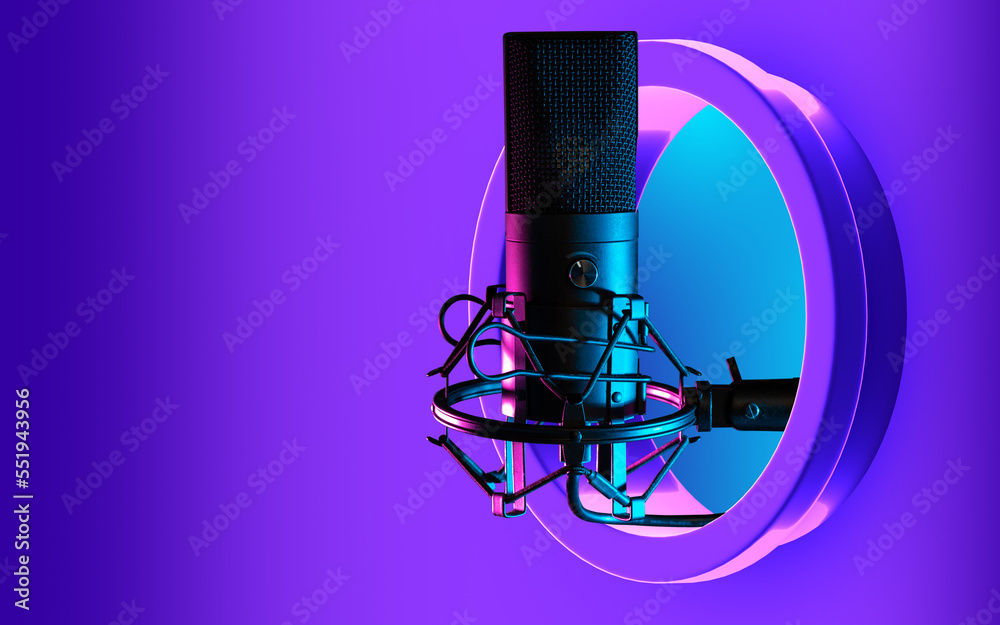Mike for podcasts. Professional radio host microphone on purple ...