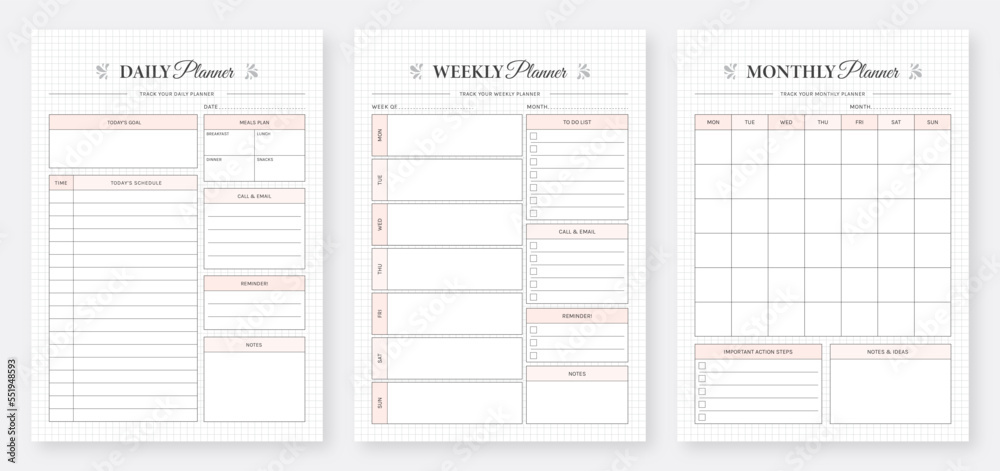 Daily, weekly, monthly planner template. 3 Set of minimalist planners ...