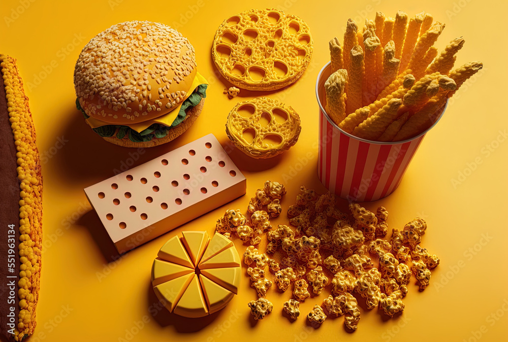 Close up of fast food snacks on a yellow backdrop, representing the ...