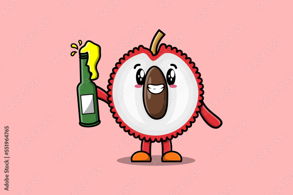 Cute cartoon character Lychee with soda bottle in modern cute style ...
