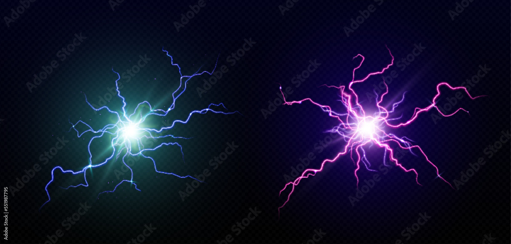 Electric balls, round lightnings, blue and purple thunderbolt circles ...
