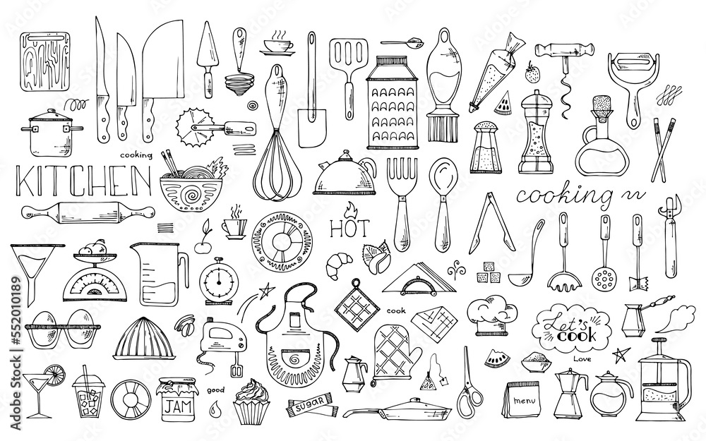Set of kitchen tools doodles. Hand drawn kitchen equipments. .Vector ...