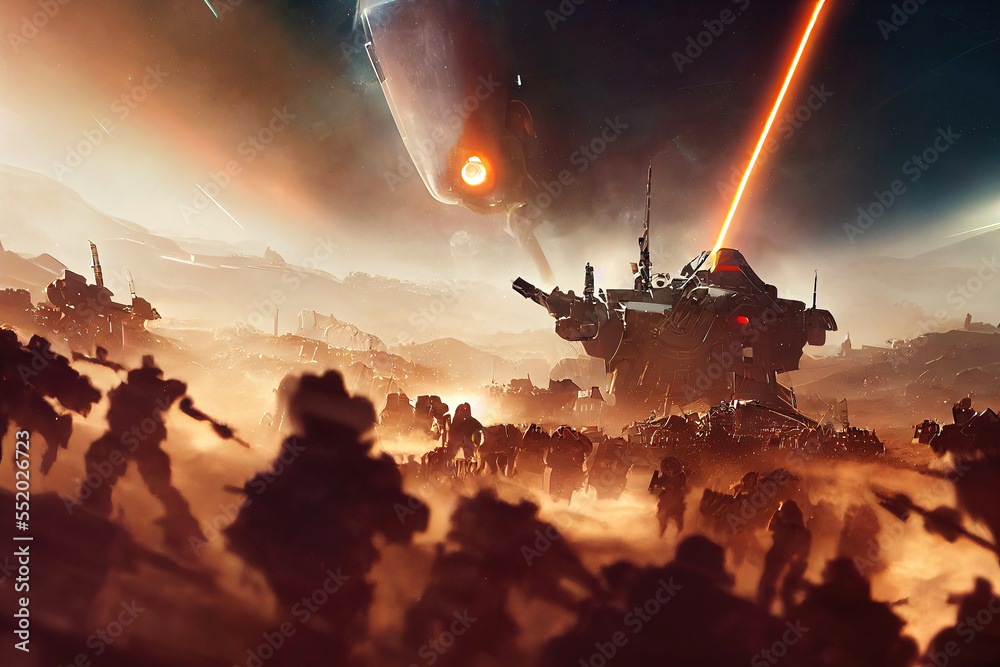 Robots and soldiers fighting against galactic invasion with laser guns ...