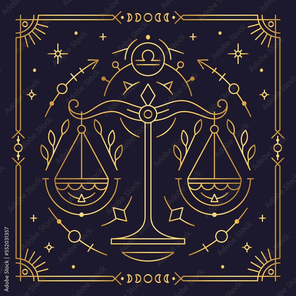 Libra zodiac astrological horoscope golden sign dark navy card ...