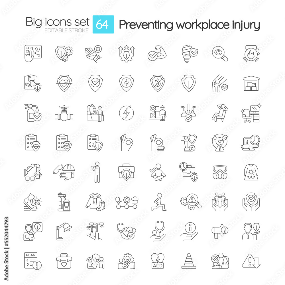 Preventing workplace injury linear big icons set. Employee health and ...