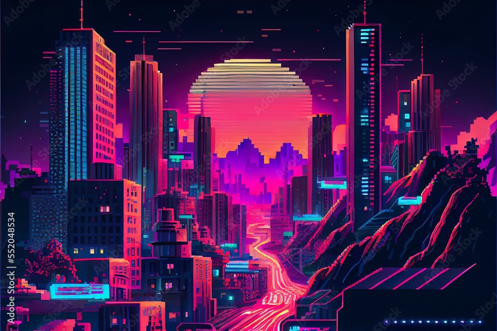 Cyberpunk neon city night scene. Great as a backdrop, wallpaper or to ...