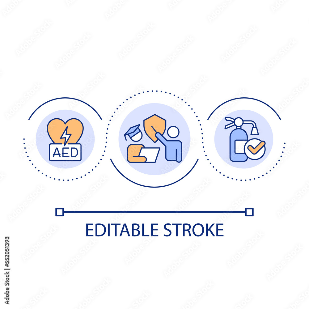 Emergency preparedness for workers loop concept icon. Improve workplace safety. First aid ...