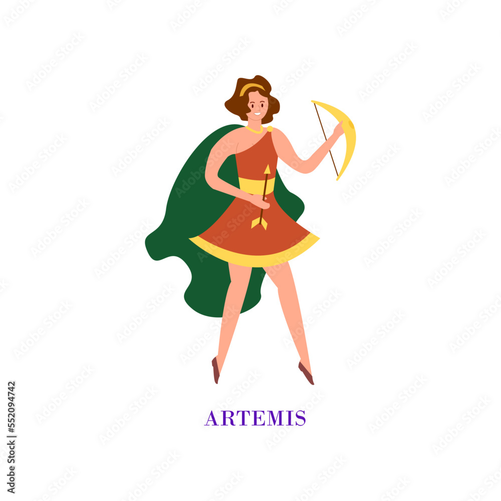 Ancient Greek goddess Artemis cartoon illustration. Artemis character ...