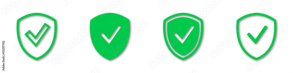Shield check mark icon set. Protection approve sign. Safe icon. Tick ...