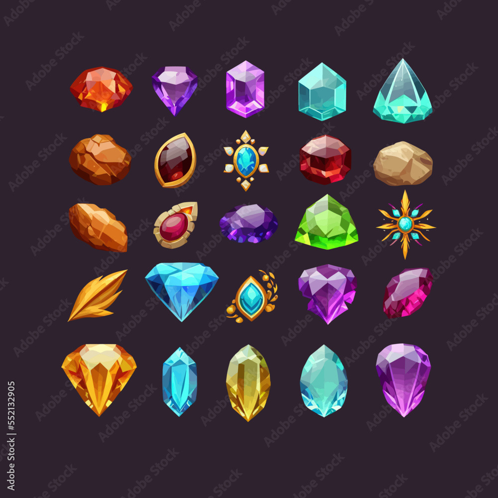 Game icons of precious gemstones piles. Flat cartoon illustration ...