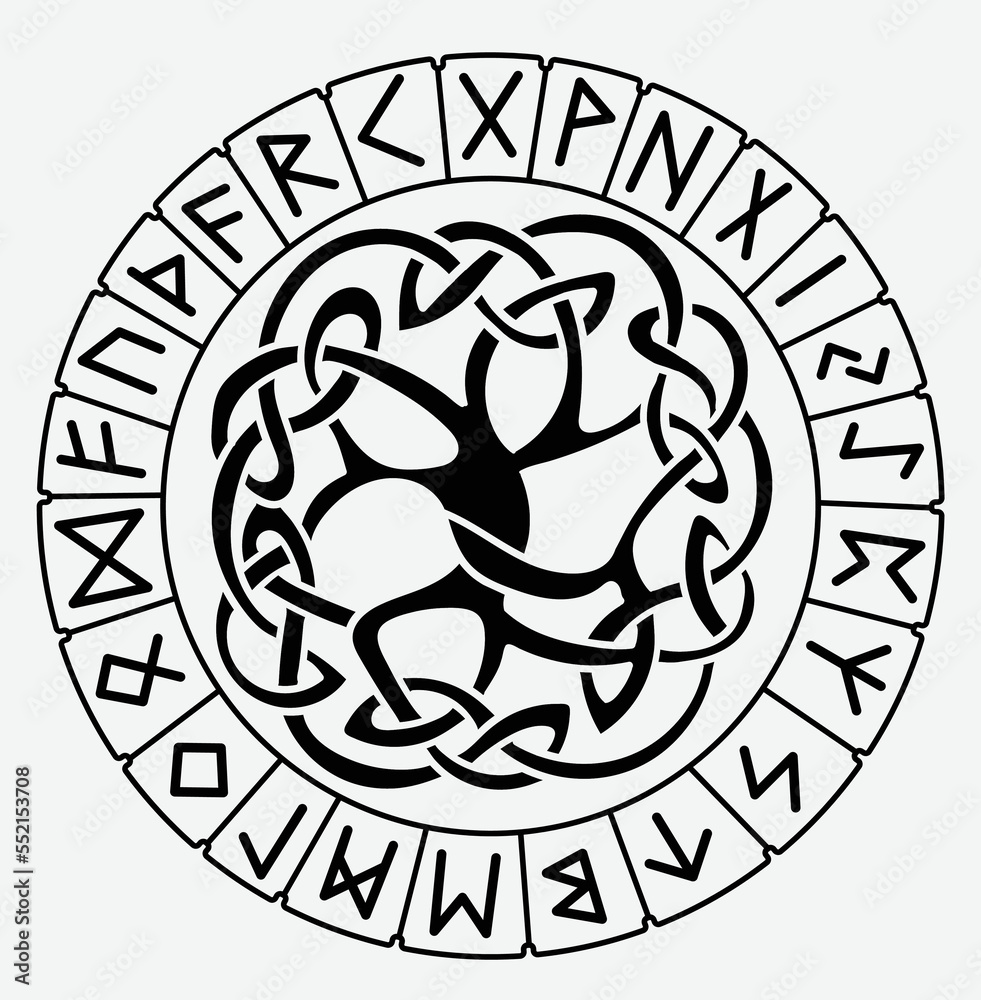 Yggdrasil, the tree of life. Vikings symbol Odin,with futhark runes ...