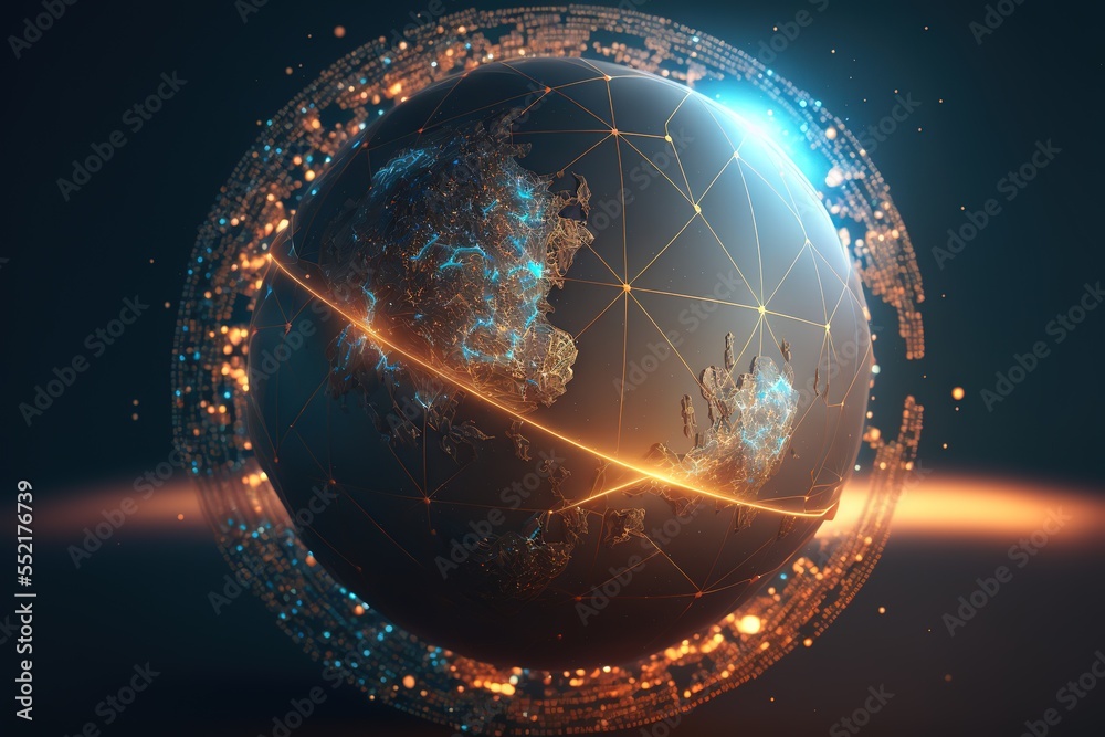 Earth map in futuristic style with grid around and lights. Modern earth map in HUD style. World ...