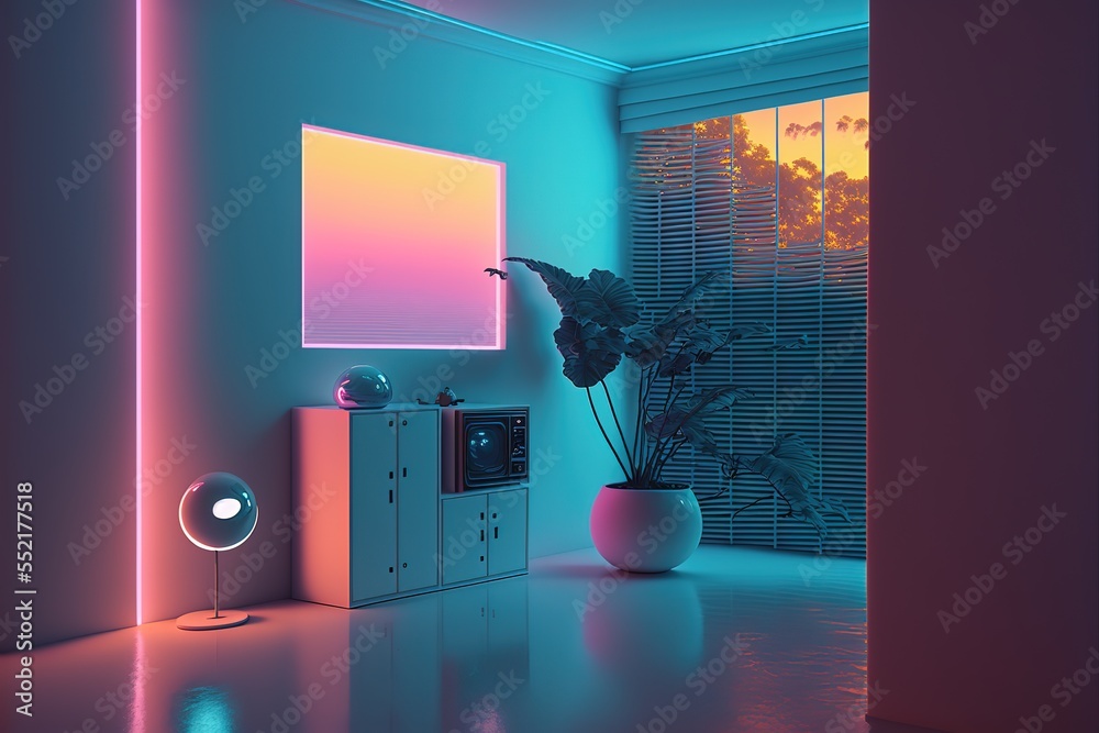 Ilustración de Stock Trendy and stylish 90s style retro room with neon ...