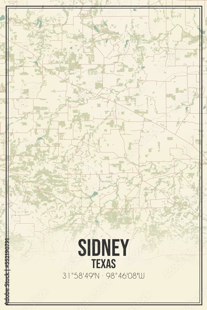 Retro US city map of Sidney, Texas. Vintage street map. Stock ...