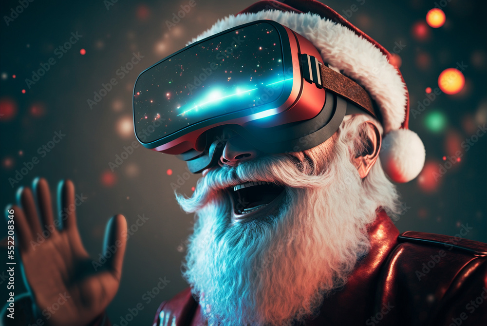 Santa Claus experiencing virtual reality. Santa Claus have a joy with ...