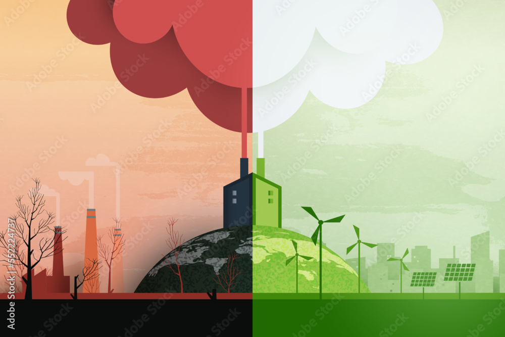 Global warming and climate change concept.Half world of polluted and ...