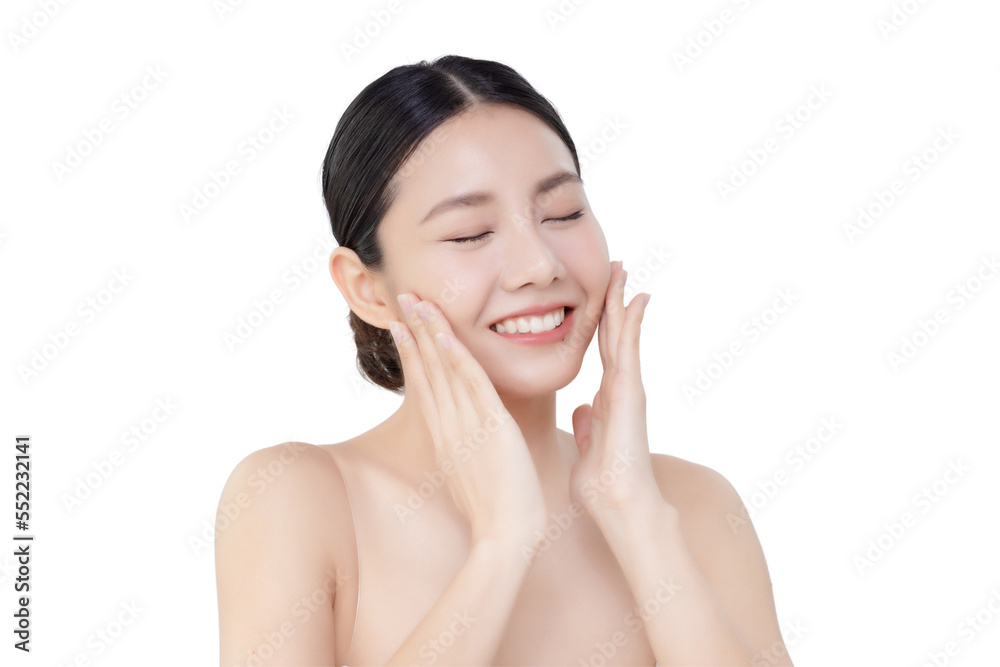 Studio shot Beautiful young Asian woman with clean fresh skin massage ...