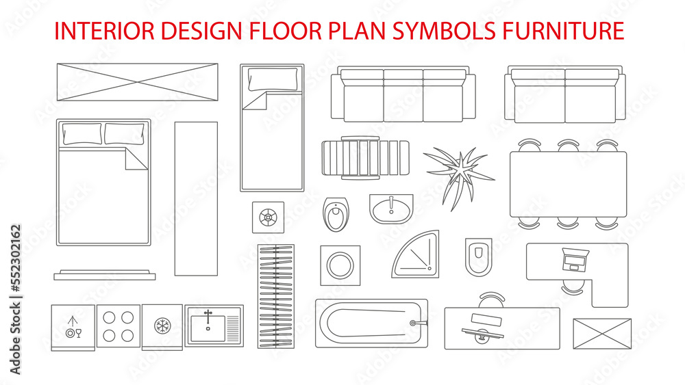 Icon design elements for floor plan. Kitchen, bedroom, bathroom ...