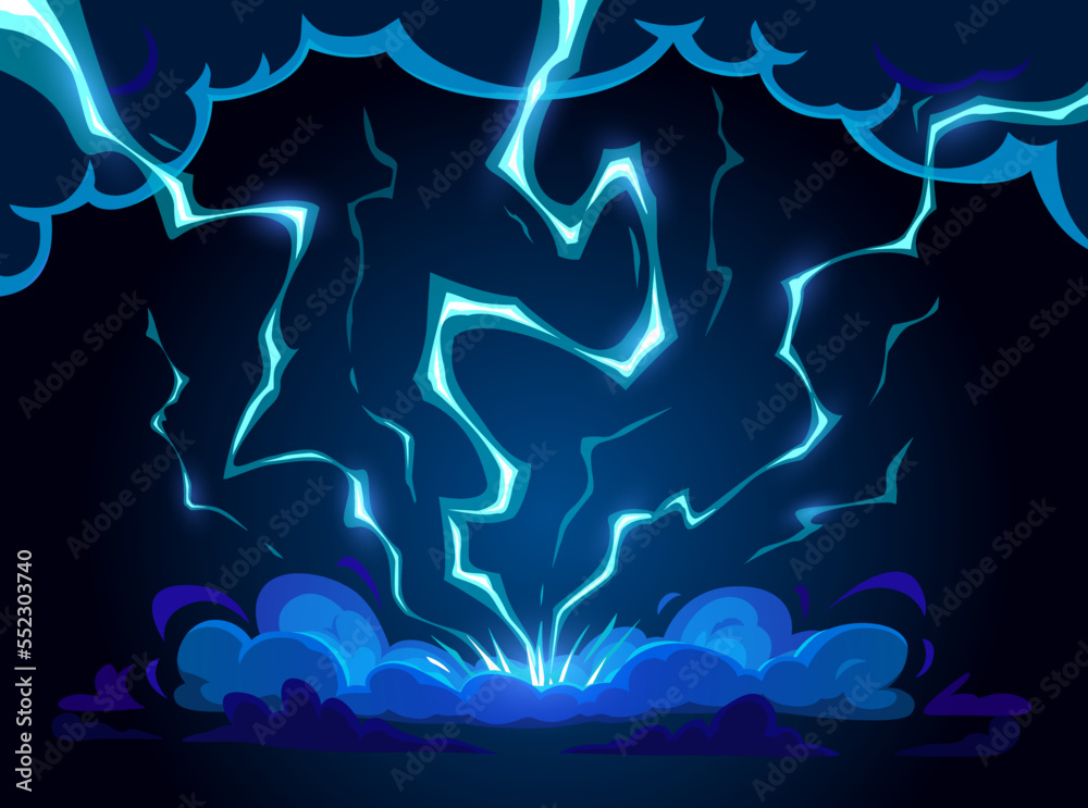 Cartoon blue lightning thunder. Storm thunderbolts strike, shock or discharge, thunderstorm and ...