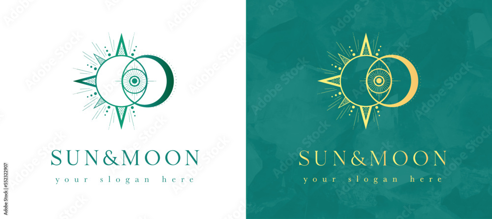 Logo diseño sol luna dorado geométrico astrología eclipse estrellas ...