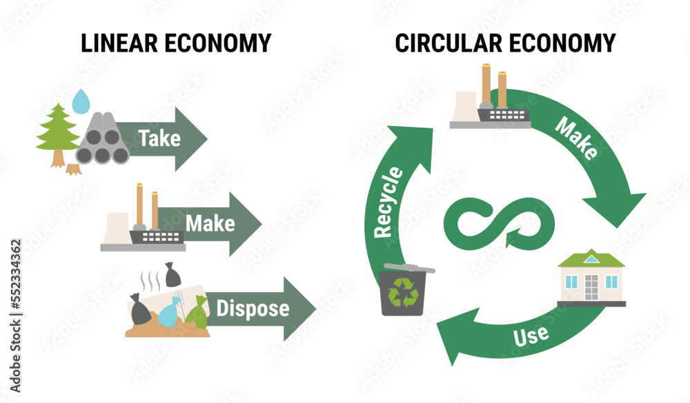 Comparison of linear and circular economy infographic. Scheme of ...