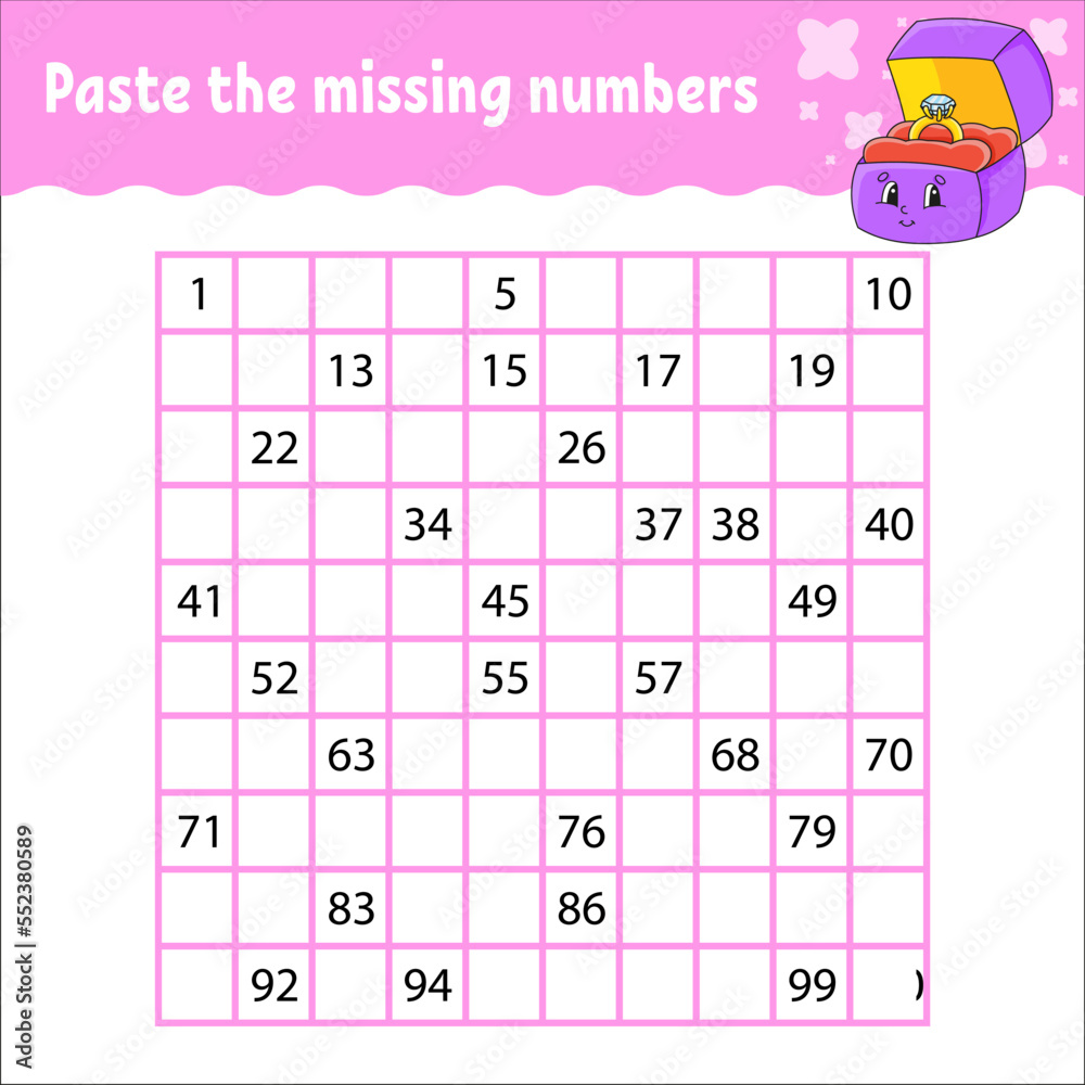 Vetor Paste the missing numbers from 1 to 100. Handwriting practice ...