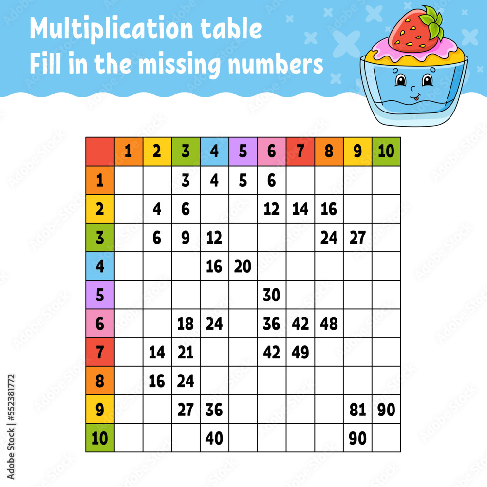 Paste the missing numbers. Learning multiplication table. Handwriting ...