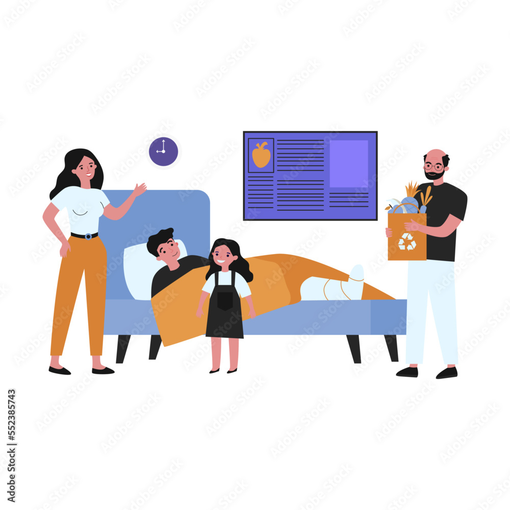 Cartoon relatives visiting young man with broken leg. Flat vector ...