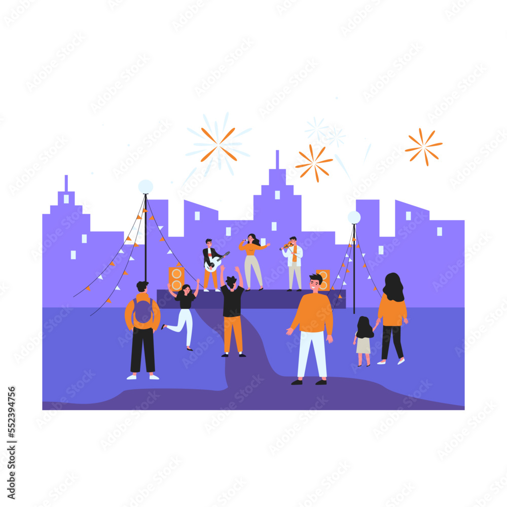 Open air music concert flat vector illustration. Cartoon people dancing ...
