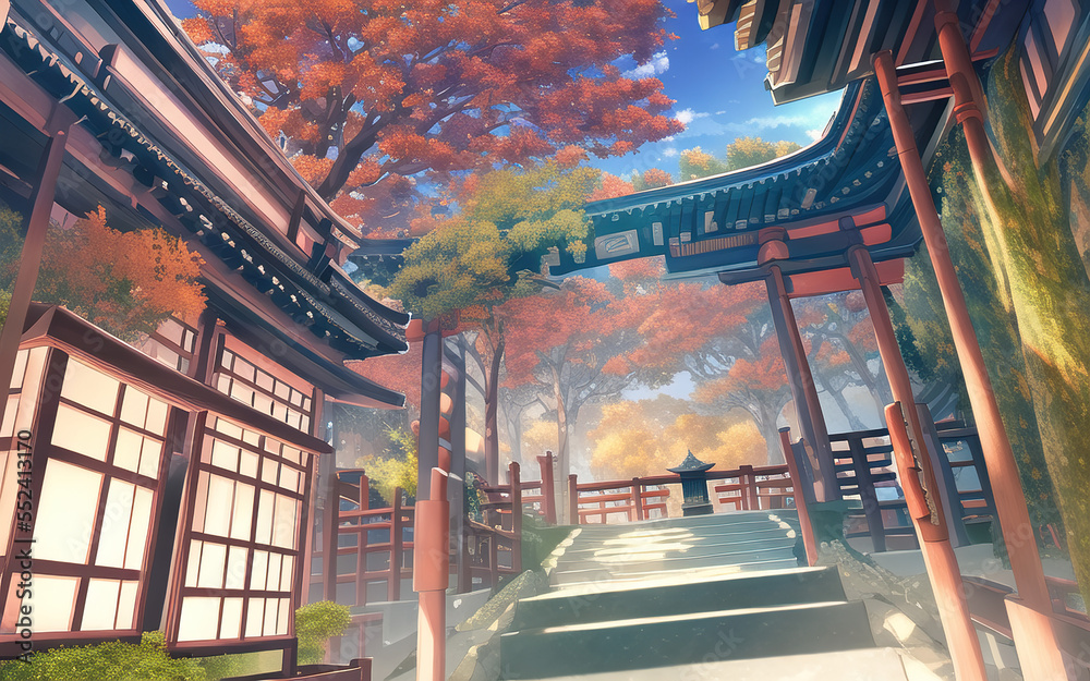 anime style autumn japanese temple chinese temple ancient landscape ...