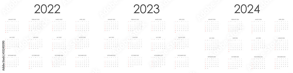 Set of calendars 2022, 2023, 2024. Blank printable vertical one-page ...