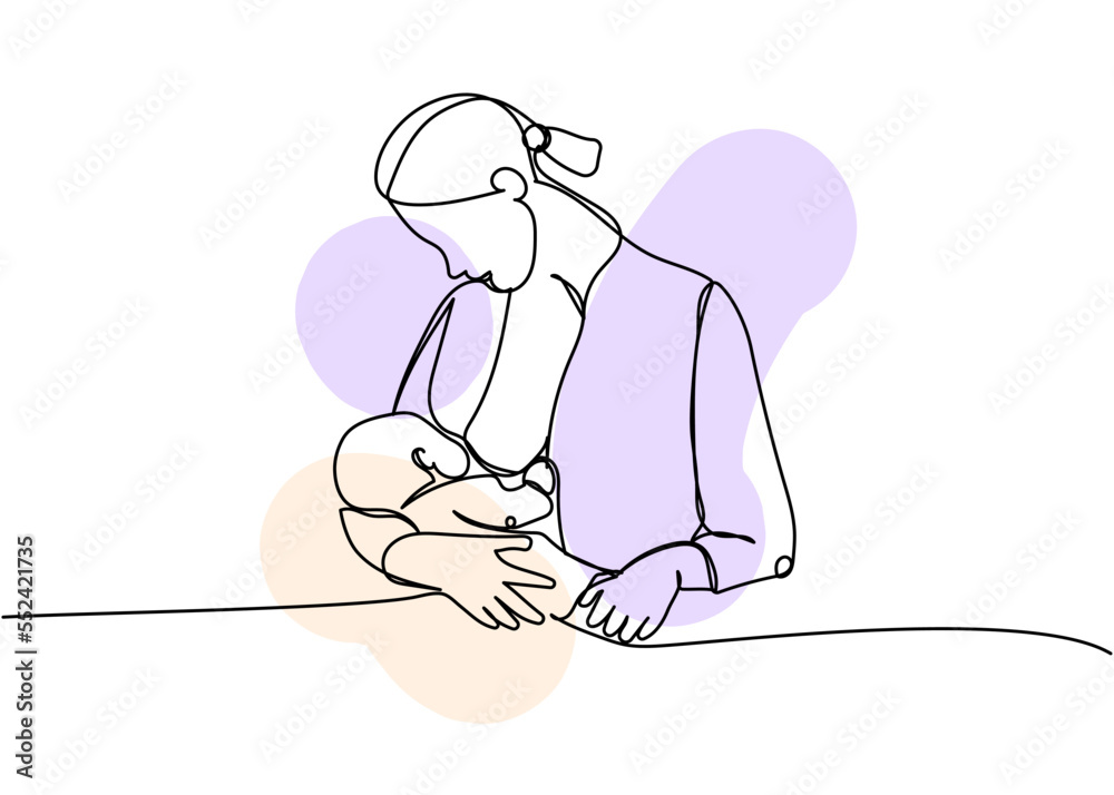 Mom breastfeeds a newborn one line art with colorful elements ...