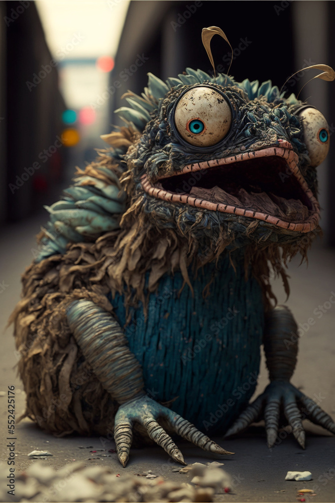 Scary nightmare alien monster made of trash in the city. Ugly garbage ...